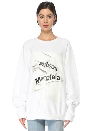 Maison Margiela Kadın Beyaz Logo Baskılı Bisiklet Yaka Sweatshirt L EU