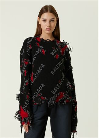 Balenciaga Kadın Siyah Yıpratma Detaylı Logolu Yün Kazak Kırmızı XS EU