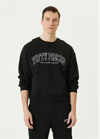 Fifty Pieces Erkek Siyah Logo Detaylı Düşük Omuzlu Sweatshirt S EU