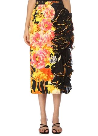 Dries Van Noten Kadın Siyah Fırfır Detaylı Çiçek Desenli Midi Etek 38 FR Dries Van Noten Kadın Siyah Fırfır Detaylı Çiçek Desenli Midi Etek 38 FR