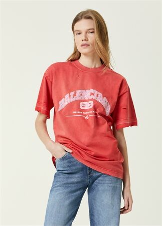 Balenciaga Kadın Kırmızı Bisiklet Yaka Logolu T-shirt S EU