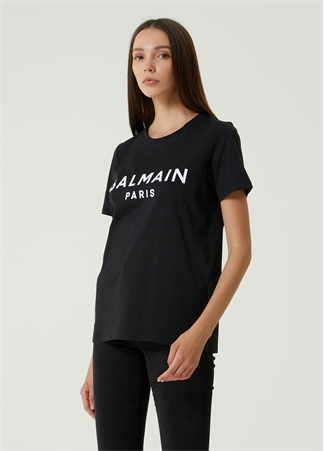 Balmain Kadın Siyah Bisiklet Yaka Logolu T-shirt XS EU