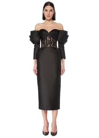 Rasario Kadın Siyah Straplez Dantel İşlemeli Midi Kokteyl Elbise 36 IT