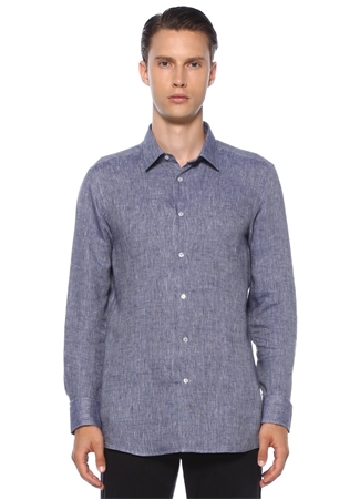 Palzileri Lab Erkek Mavi Modern Yaka Keten Gömlek 38 IT