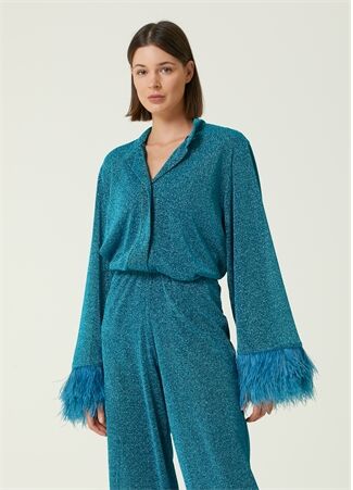 Oseree Kadın Mavi Tüy Detaylı Sim Dokulu Bluz S/M EU