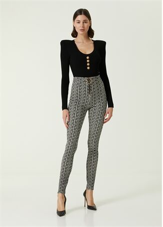 Balmain Kadın Siyah Beyaz Desenli Fermuarlı Tayt 36 FR