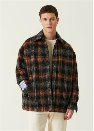 MCQ Erkek Turuncu Gri Ekoseli Tüy Dokulu Yün Dış Gömlek S EU