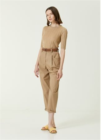 Brunello Cucinelli Kadın Koyu Bej Yüksek Bel Pili Detaylı Pantolon 36 IT