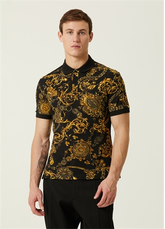Versace Jeans Couture Erkek Siyah Polo Yaka Barok Desenli T-shirt S EU