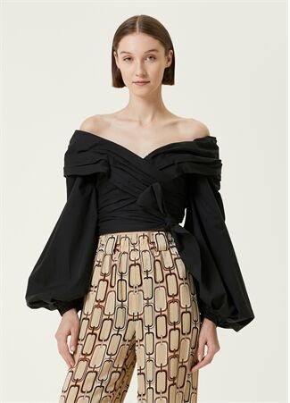 Johanna Ortiz Kadın Siyah Düşük Omuzlu Balon Kol Bluz 2 US