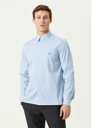 Prada Erkek Mavi Çizgi Desenli Logo Detaylı Gömlek 42 IT