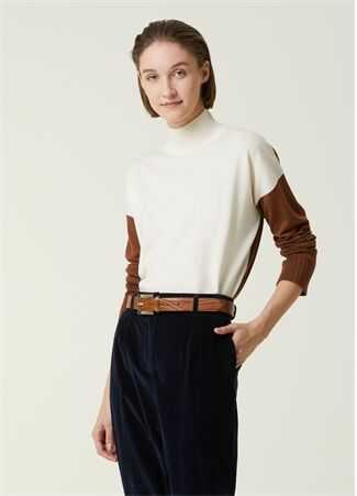 Beymen Collection Kadın Beyaz Kahverengi Bol Kesim Yün Kazak S