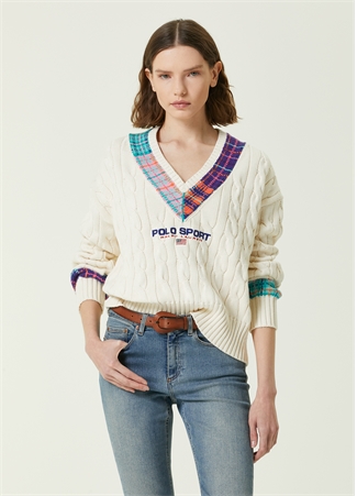 Polo Ralph Lauren Kadın Krem V Yaka Şeritli Saç Örgü Kazak Bej S EU Polo Ralph Lauren Kadın Krem V Yaka Şeritli Saç Örgü Kazak Bej S EU