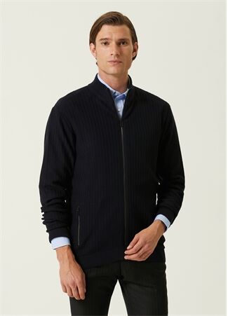 Network Erkek Slim Fit Lacivert Çizgi Dokulu Hırka S EU