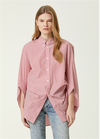 Balenciaga Kadın Kırmızı Beyaz Çizgili Yırtmaçlı Gömlek 36 IT