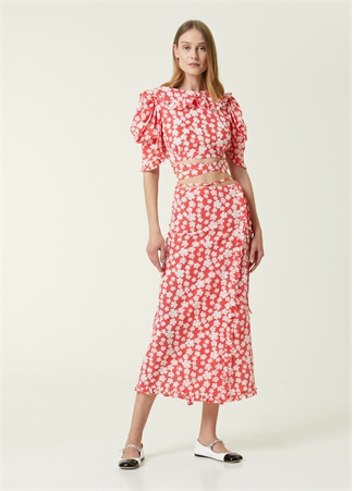 Miu Kadın Kırmızı Çiçekli Fırfırlı Midi İpek Etek 38 IT Miu Kadın Kırmızı Çiçekli Fırfırlı Midi İpek Etek 38 IT