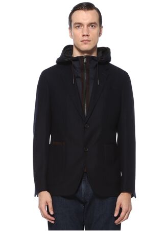 Zegna Erkek Lacivert Kapüşon Detaylı Yün Ceket 56 IT