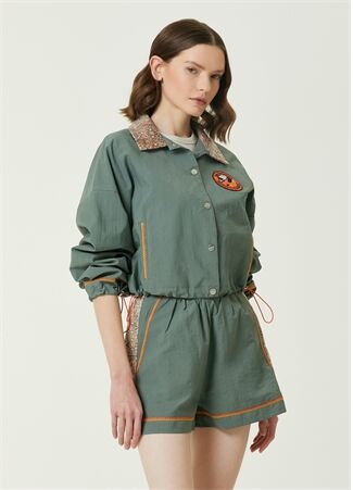 Les Benjamins Kadın Yeşil Desenli Yaka Beli Büzgülü Mont L Eu