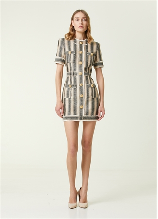 Balmain Kadın Bej Siyah Çizgili Kısa Kol Mini Elbise 42 FR