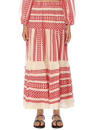 Devotion Kadın Kırmızı Beyaz Desenli Midi Etek EU