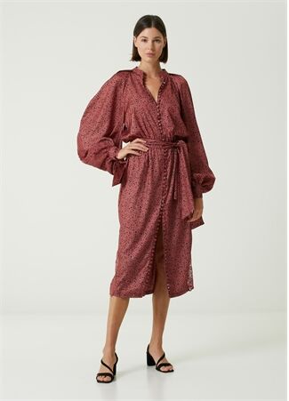 Tuvanam Kadın Kırmızı Hakim Yaka Desenli Midi Kokteyl Elbise 38 EU