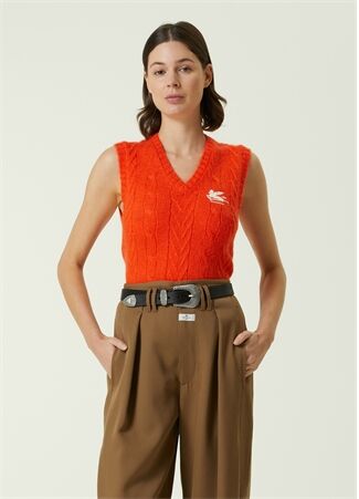 Etro Kadın Turuncu V Yaka Kolsuz Triko 42 IT
