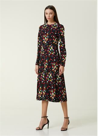 Kadın Siyah Baskılı Uzun Kol Midi Elbise 38 IT
