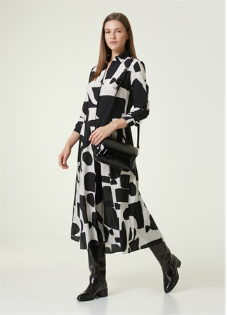 Beymen Club Kadın Siyah Beyaz Desenli Midi İpek Gömlek Elbise 34