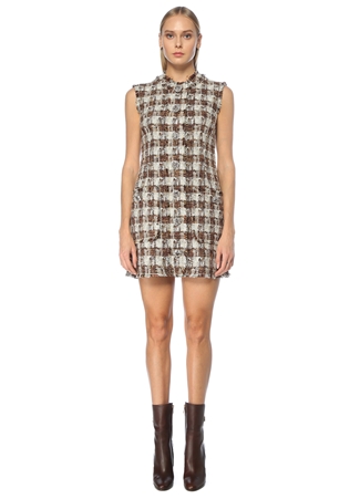 Dolce&Gabbana Kadın Kahverengi Beyaz Tweed Dokulu Mini Elbise Bej 42 IT