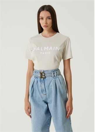 Balmain Kadın Kemik Bisiklet Yaka Logolu T-shirt Bej S EU