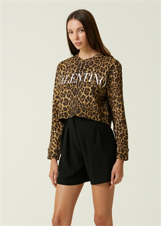 Valentino Kadın Leopar Desenli Logolu Crop Sweatshirt Kahverengi S EU Valentino Kadın Leopar Desenli Logolu Crop Sweatshirt Kahverengi S EU