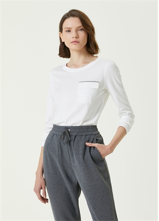 Brunello Cucinelli Kadın Beyaz Bisiklet Yaka Cep Detaylı Uzun Kol T-shirt S EU