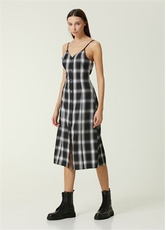 Wasted Kadın Siyah V Yaka Kareli Midi Elbise Mavi S EU