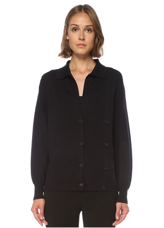 Victoria by Beckham Kadın Lacivert Polo Yaka Düğme Detaylı Yün Hırka M EU