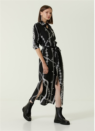 Academia Kadın Siyah Zincir Desenli Midi İpek Gömlek Elbise 34