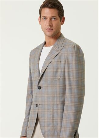 Pal Zileri Erkek Mavi Kırlangıç Yaka Kareli Yün Ceket 50 IT