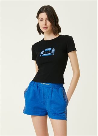 Les Benjamins Kadın Siyah Bisiklet Yaka Baskılı T-shirt L Eu