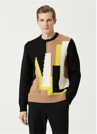 Neil Barrett Erkek Bej Siyah Figür Jakarlı Yün Kazak M EU