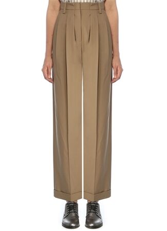 Brunello Cucinelli Kadın Bej Pili Detaylı Yün Pantolon 42 IT