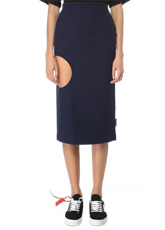 Off-White Kadın Mavi Kesim Detaylı Midi Yün Etek 38 IT
