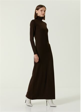 Academia Kadın Kahverengi Dik Yaka Maksi Jersey Elbise S