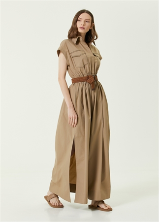 Brunello Cucinelli Kadın Koyu Bej Kemerli Maksi Gömlek Elbise S EU Brunello Cucinelli Kadın Koyu Bej Kemerli Maksi Gömlek Elbise S EU