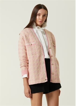 Sandro Kadın Pembe V Yaka Kazayağı Desenli Hırka US Sandro Kadın Pembe V Yaka Kazayağı Desenli Hırka US