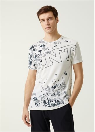 Knt Erkek Beyaz Desenli Logo Baskılı T-shirt Siyah M EU