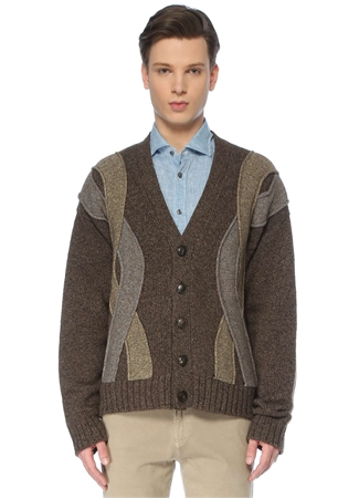 Pal Zileri Erkek Kahverengi V Yaka Şerit Örgü Dokulu Yün Hırka 50 IT