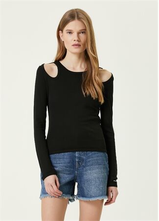 Stella McCartney Kadın Siyah Omuz Detaylı Logolu Uzun Kol T-shirt 40 IT