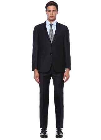 Zegna Erkek Drop 7 Lacivert Çizgi Dokulu Yün Takım Elbise 50 IT