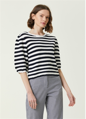 Maje Kadın Lacivert Ekru Çizgili Balon Kollu T-shirt Us