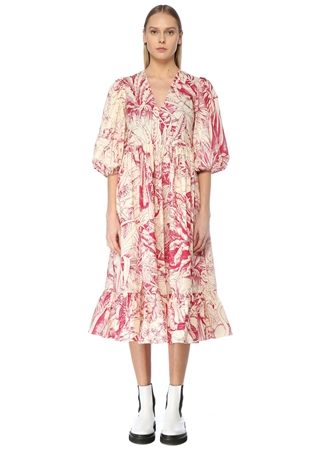 Red Valentino Kadın Ekru V Yaka Desenli Balon Kol Midi Elbise Beyaz 40 IT