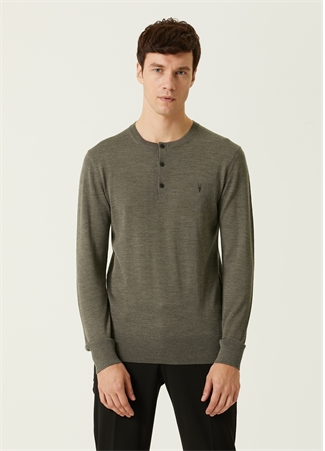 Allsaints Erkek Mode Haki Yakası Düğmeli Yün Kazak S EU